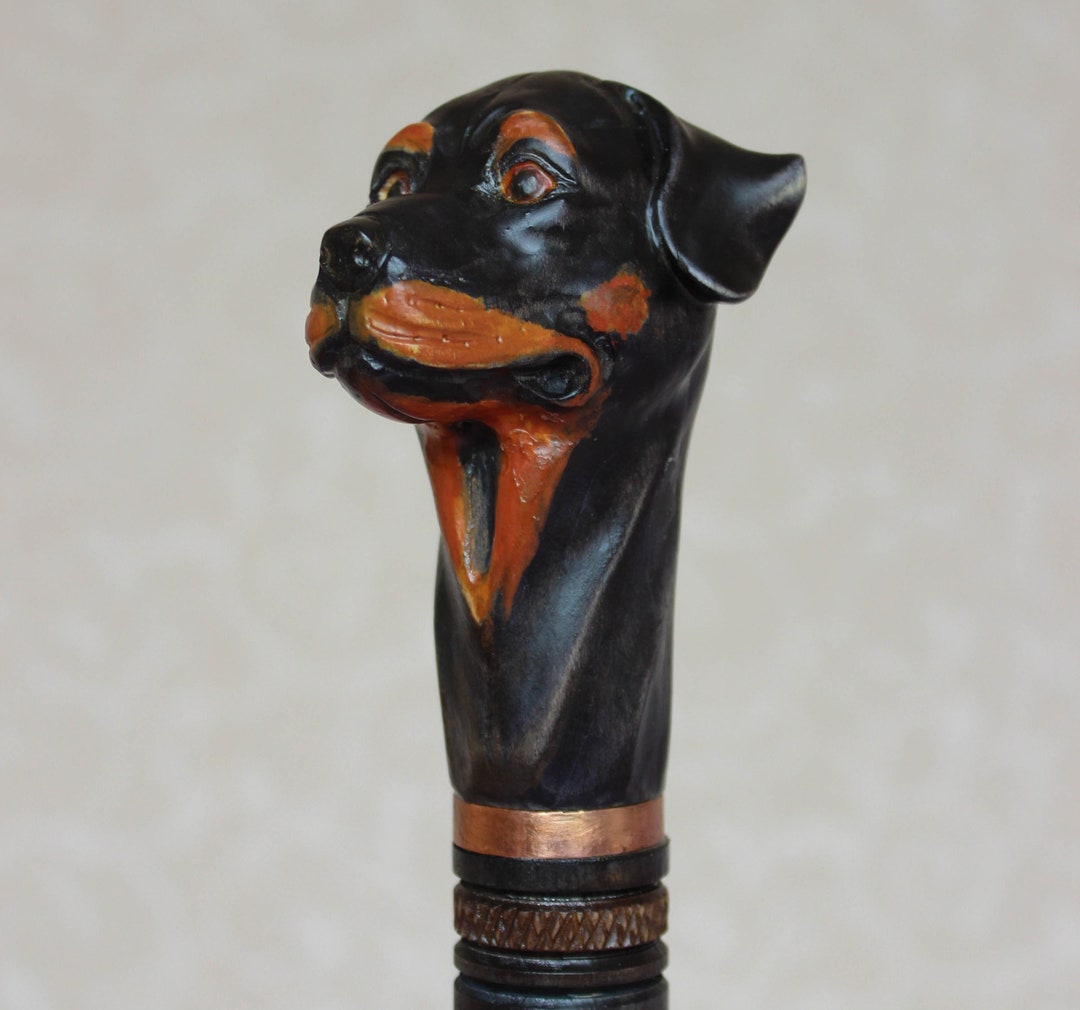 Rottweiler Walking Cane Wood Dog Hand Carved Handle With Simple Staff ...