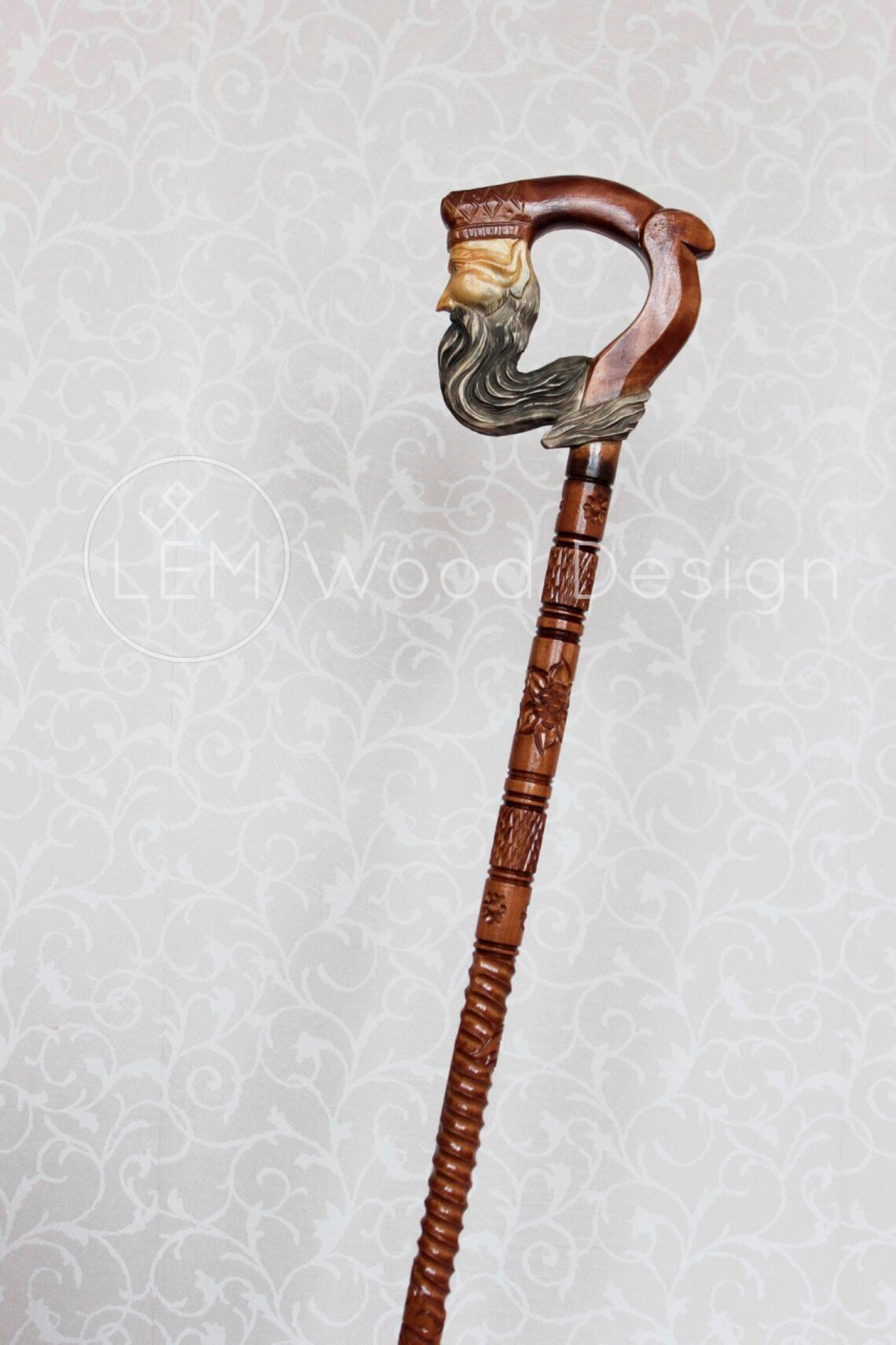 Carved Walking Stick Neptune Handle Wooden Cane Wood Craft - Etsy