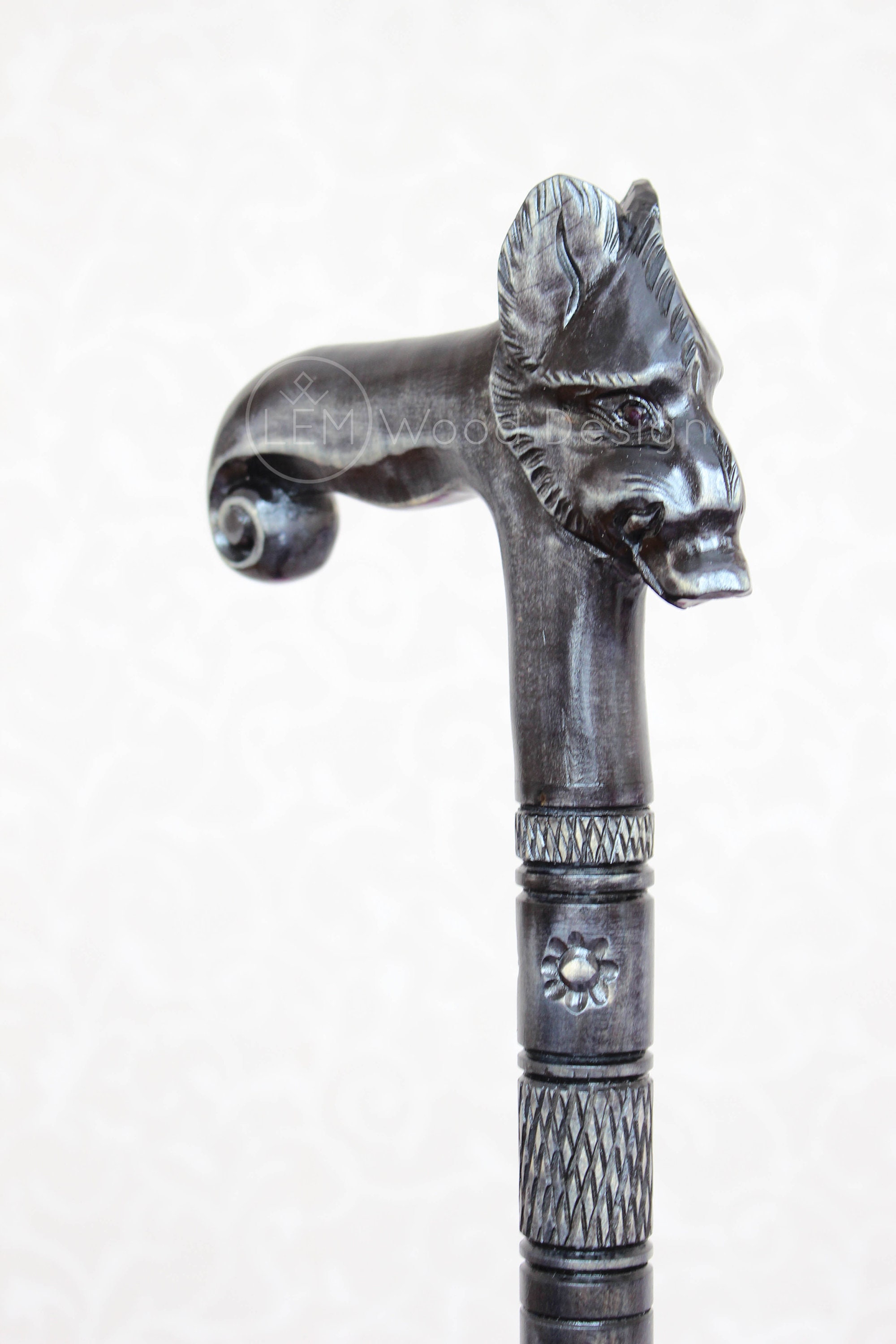 Walking Stick Wild Boar Carved Handle & Staff Black Wooden | Etsy