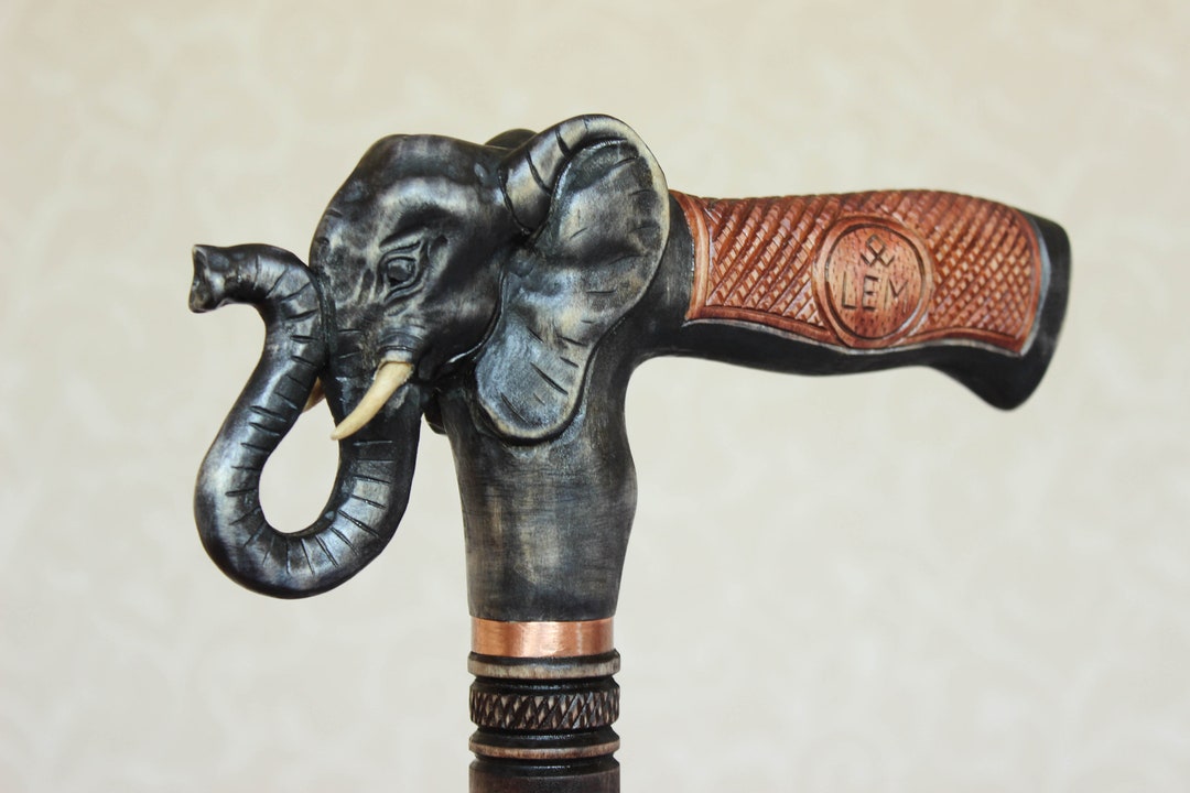 Hand Carved Black Elephant Wooden Walking Cane: Handmade Hiking Stick ...