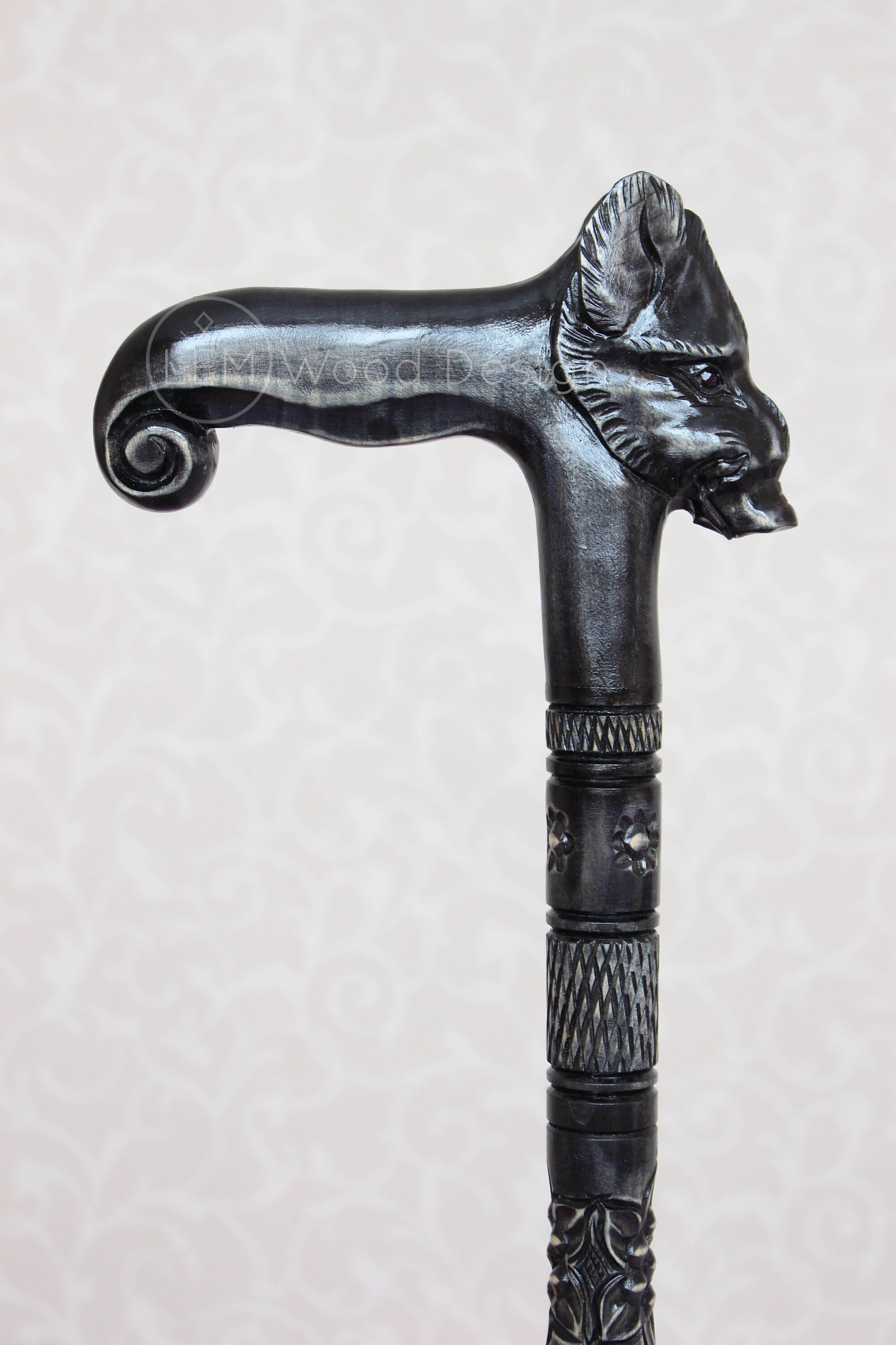 Walking Stick Wild Boar Carved Handle & Staff Black Wooden | Etsy