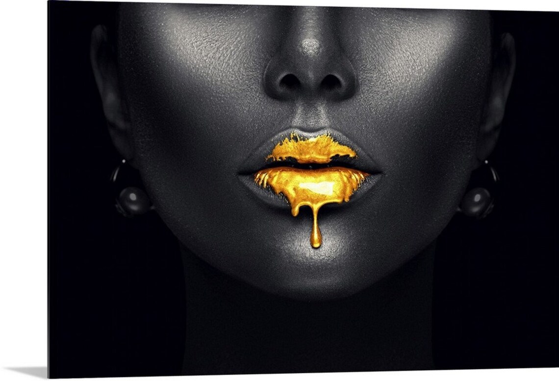 Model With Gold Paint Dripping From Her Lips Metal Wall Art | Etsy