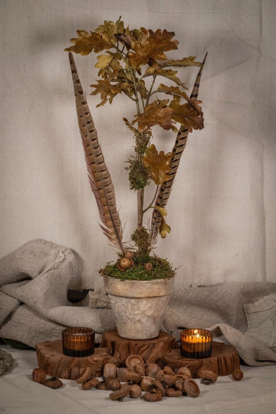 Handmade Woodland Topiary – Oak Leaves, Pheasant Feathers, Moss - Etsy