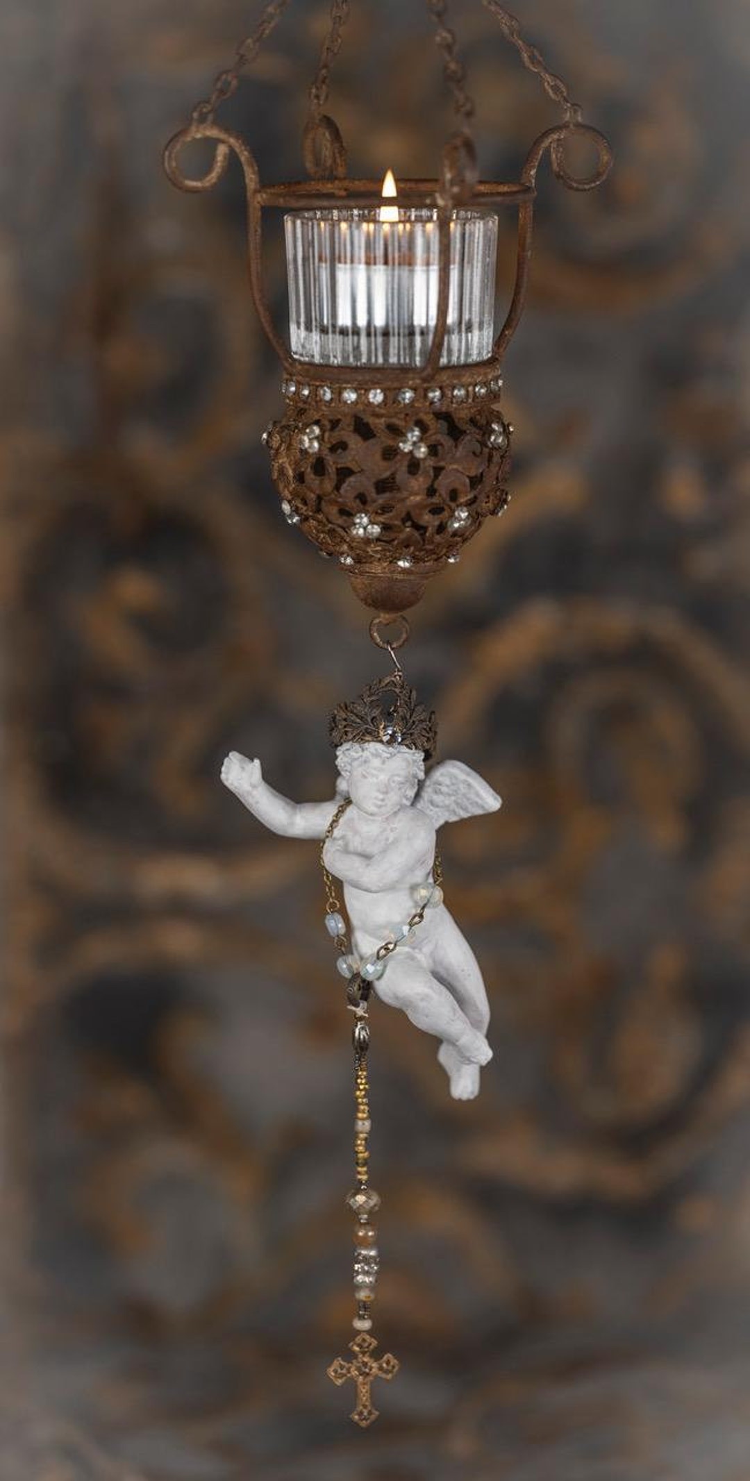 Antique Cherub Hanging Tea Lights Lampada With Cherubs and Jeweled Swag ...