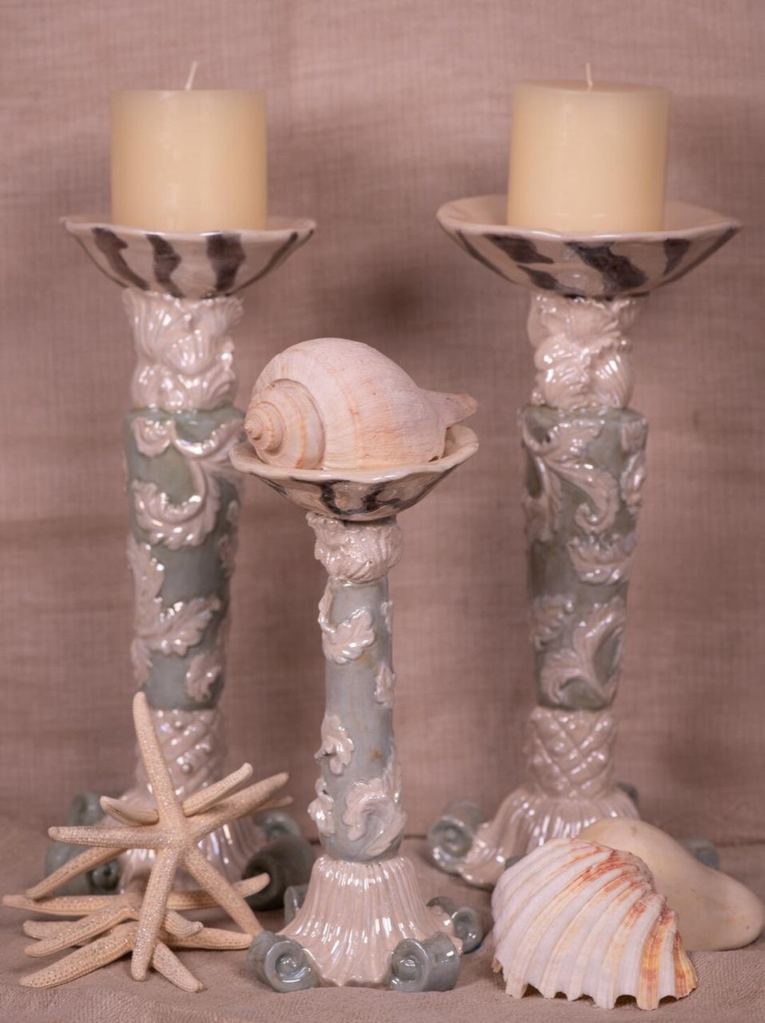 Seashell Candle Sticks Candle Holders Iridescent Candlestick Trio ...