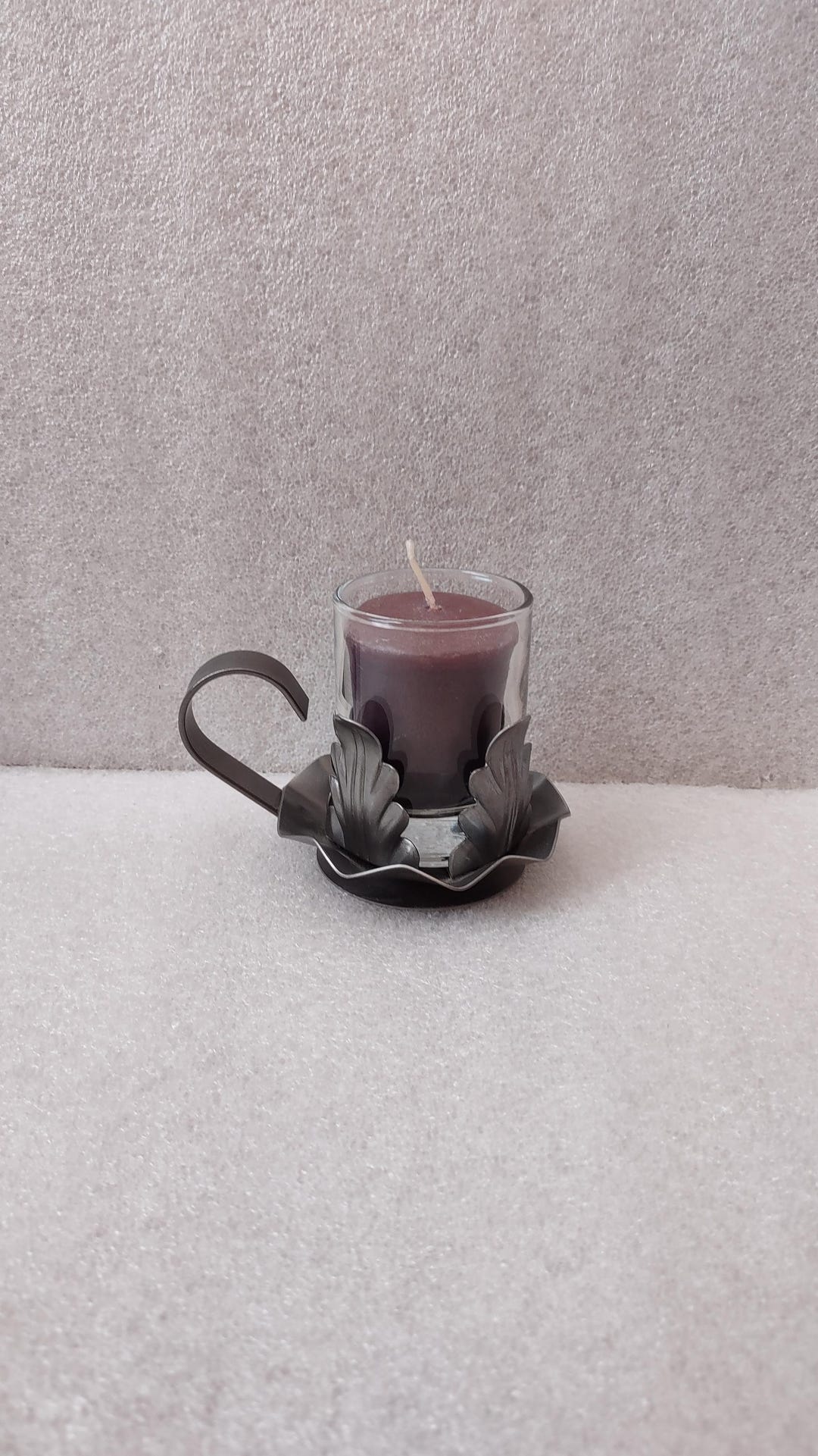 Votive Candle Holder Metal Leaf Pattern Handle With Votive Candle Glass ...