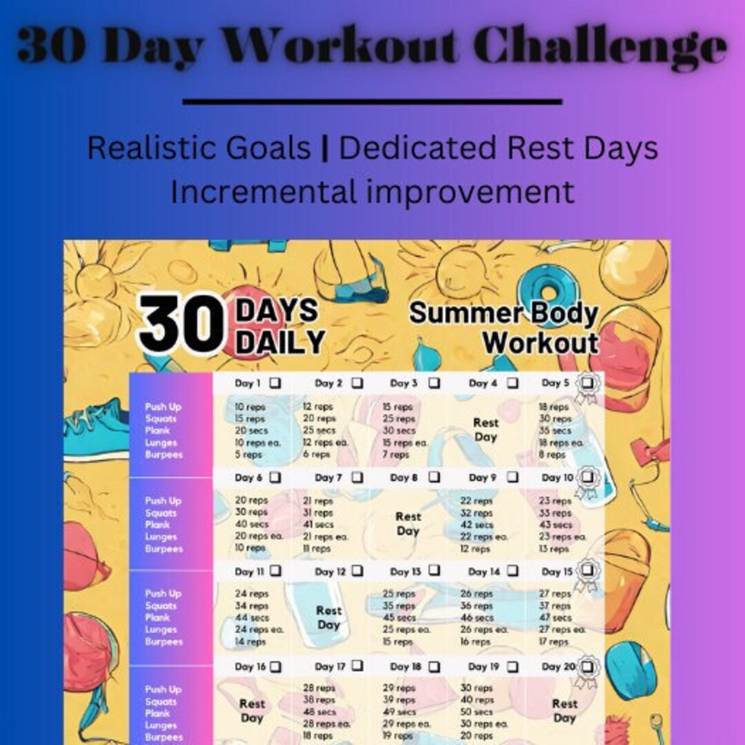Printable 30 Day Summer Body Challenge Fitness Tracker Workout Planner ...