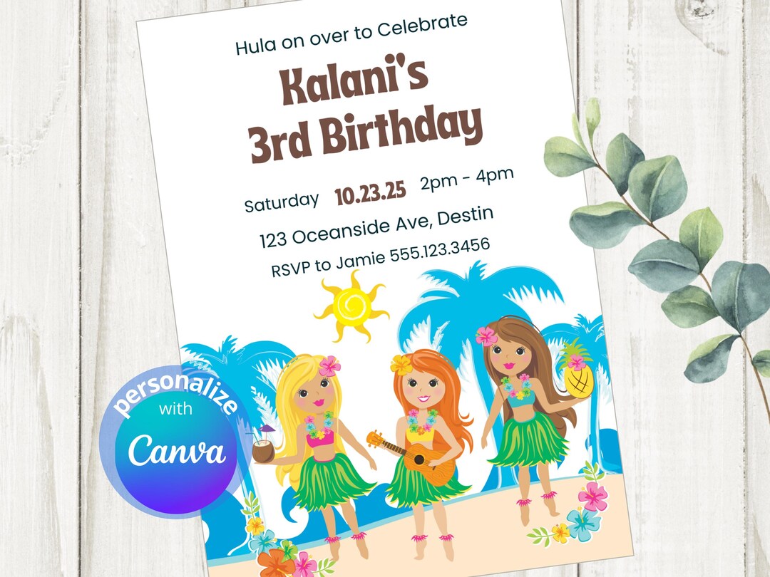 Editable ANY AGE Hula Girl Birthday Invitation Girl Tropical Hawaiian ...