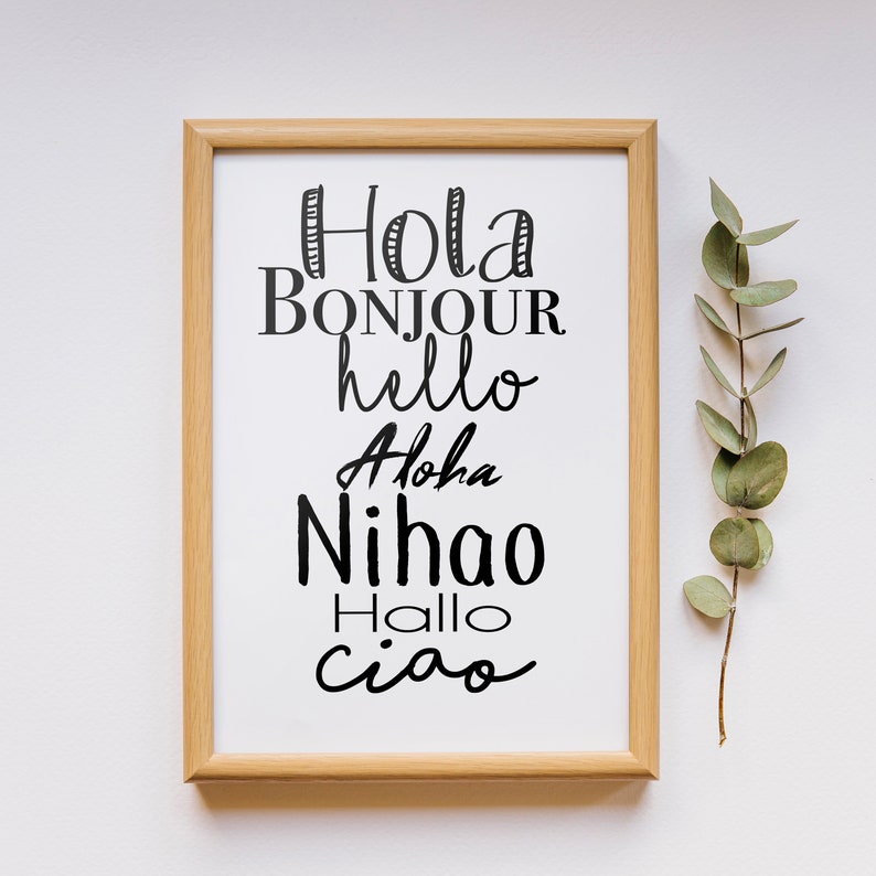 Hola Bonjour Hello Aloha Nihao Hallo Ciao Poster Travel Prints Black ...