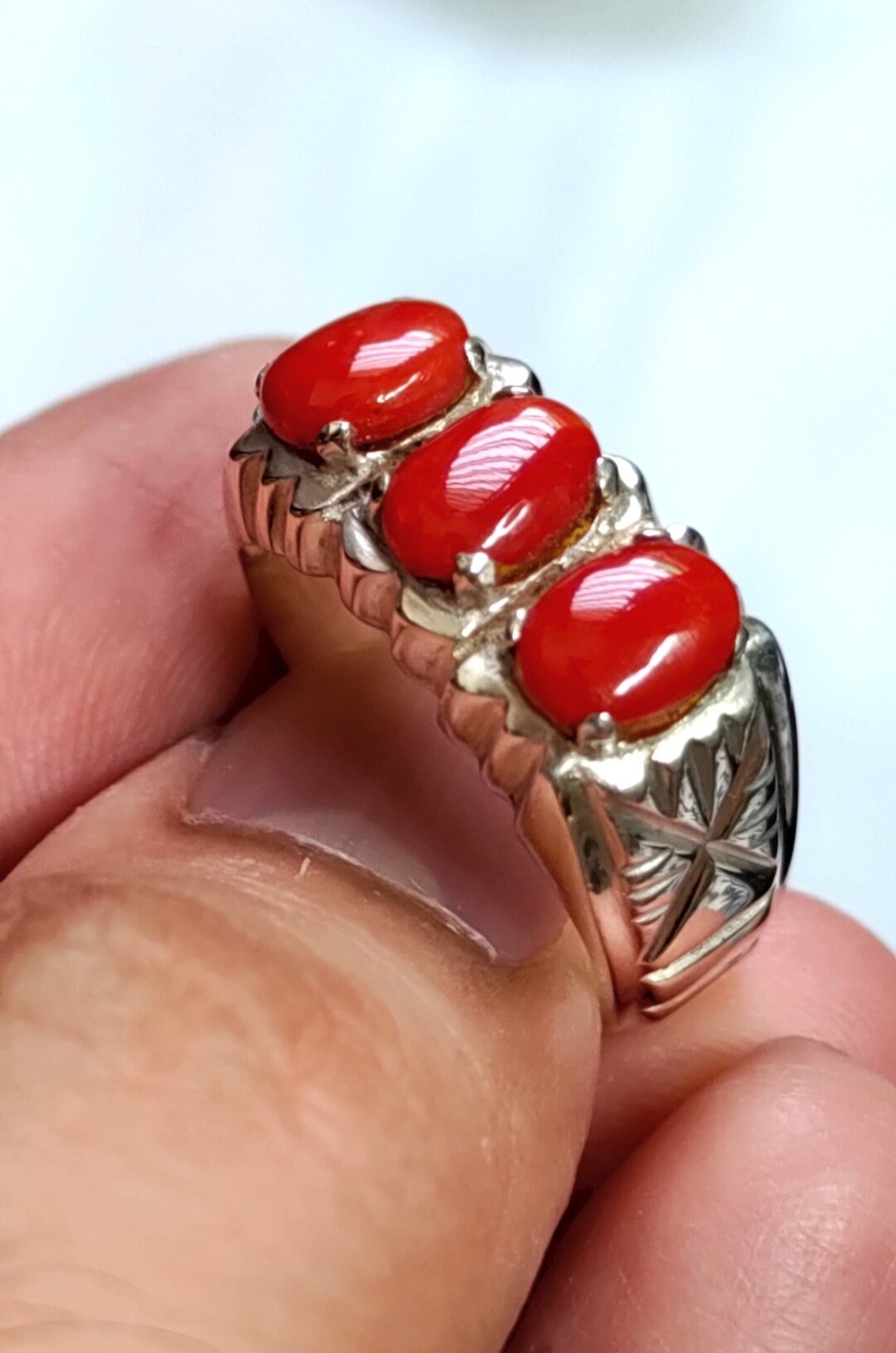 Mens Genuine Red Coral Stone Ring Unheated Untreated Original - Etsy