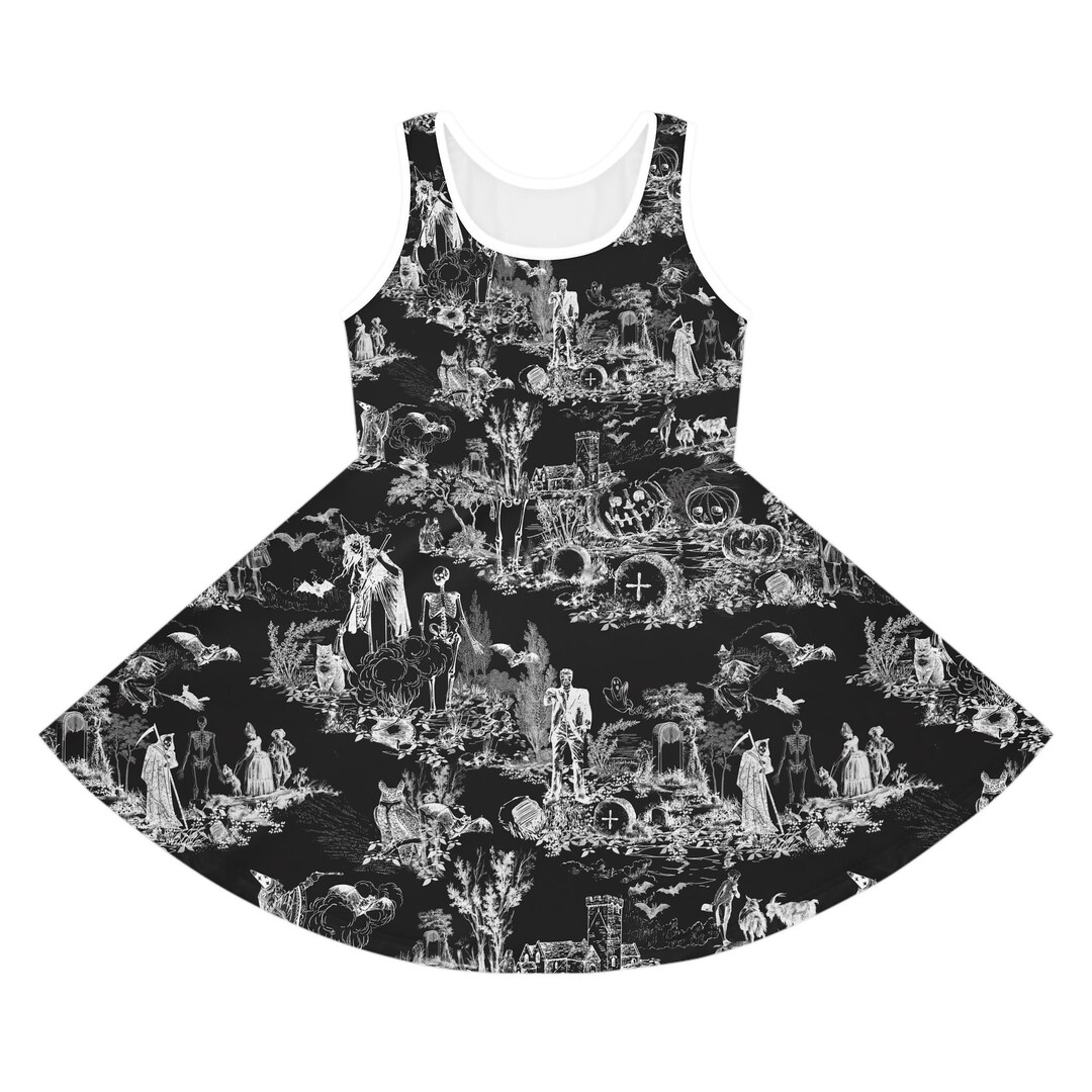 Gothic Halloween Sundress, Girls Toile Print Sleeveless Dress, Spooky ...