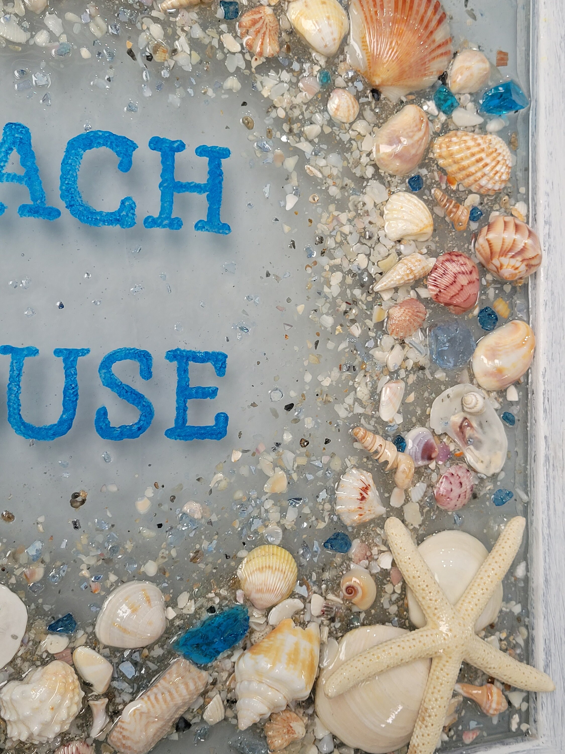 Beach House Sign Shell Art Glass Shells & Resin in Frame Art Wall ...