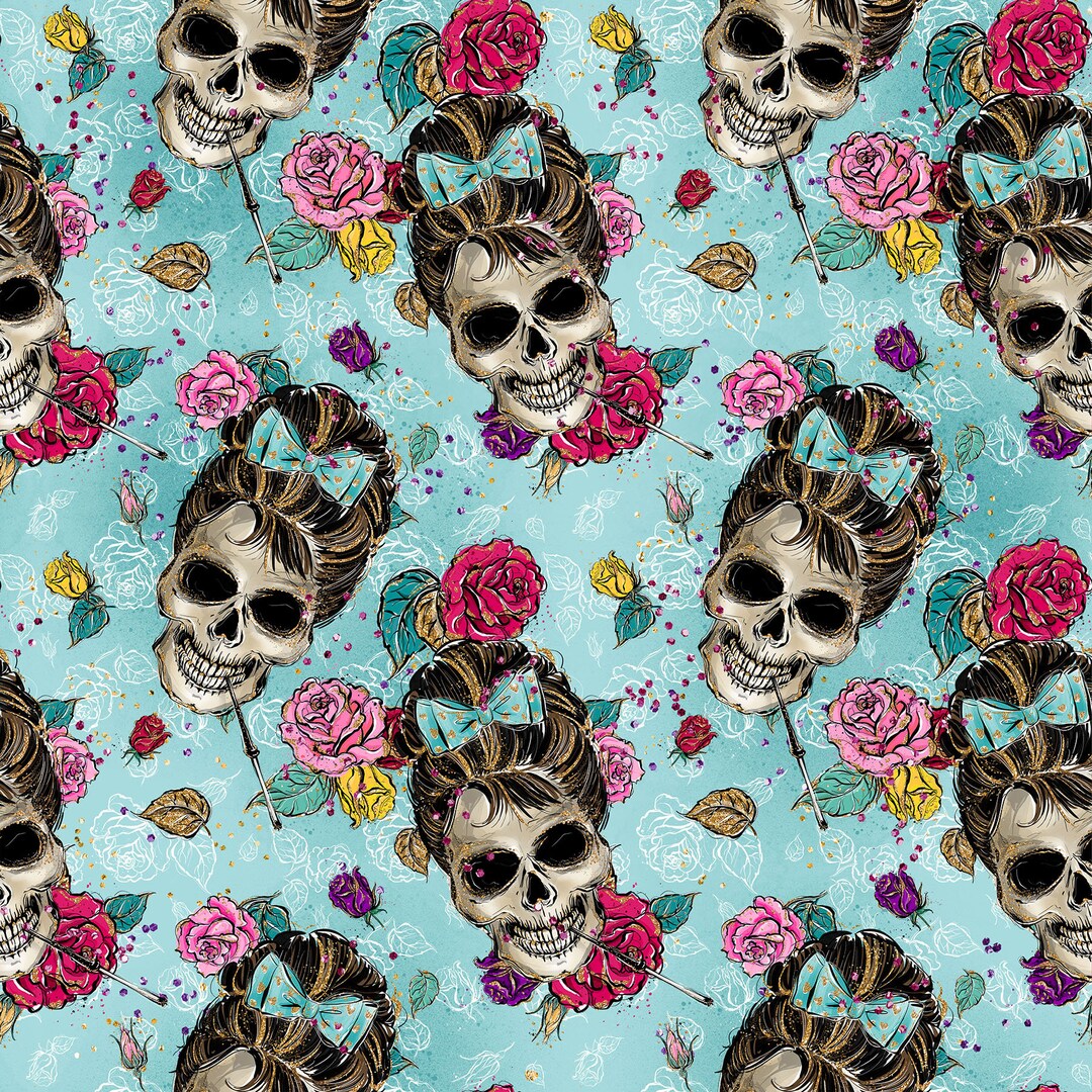 Audrey Hepburn Fabric, Hollywood Skulls, Floral Skulls, Cotton by the ...