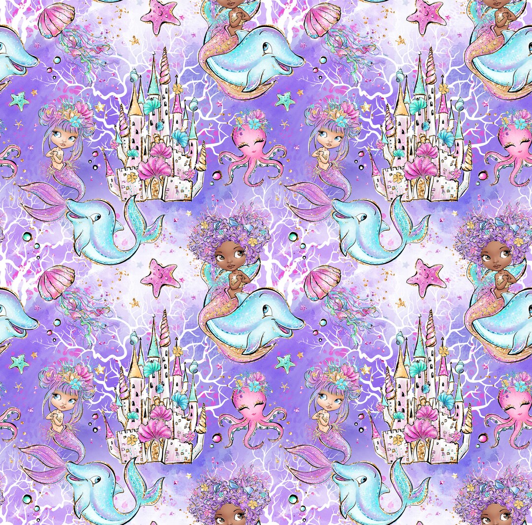 Mermaid Fabric, Mermaid Prints, Knit Fabric, Cotton Fabric, Cotton by ...
