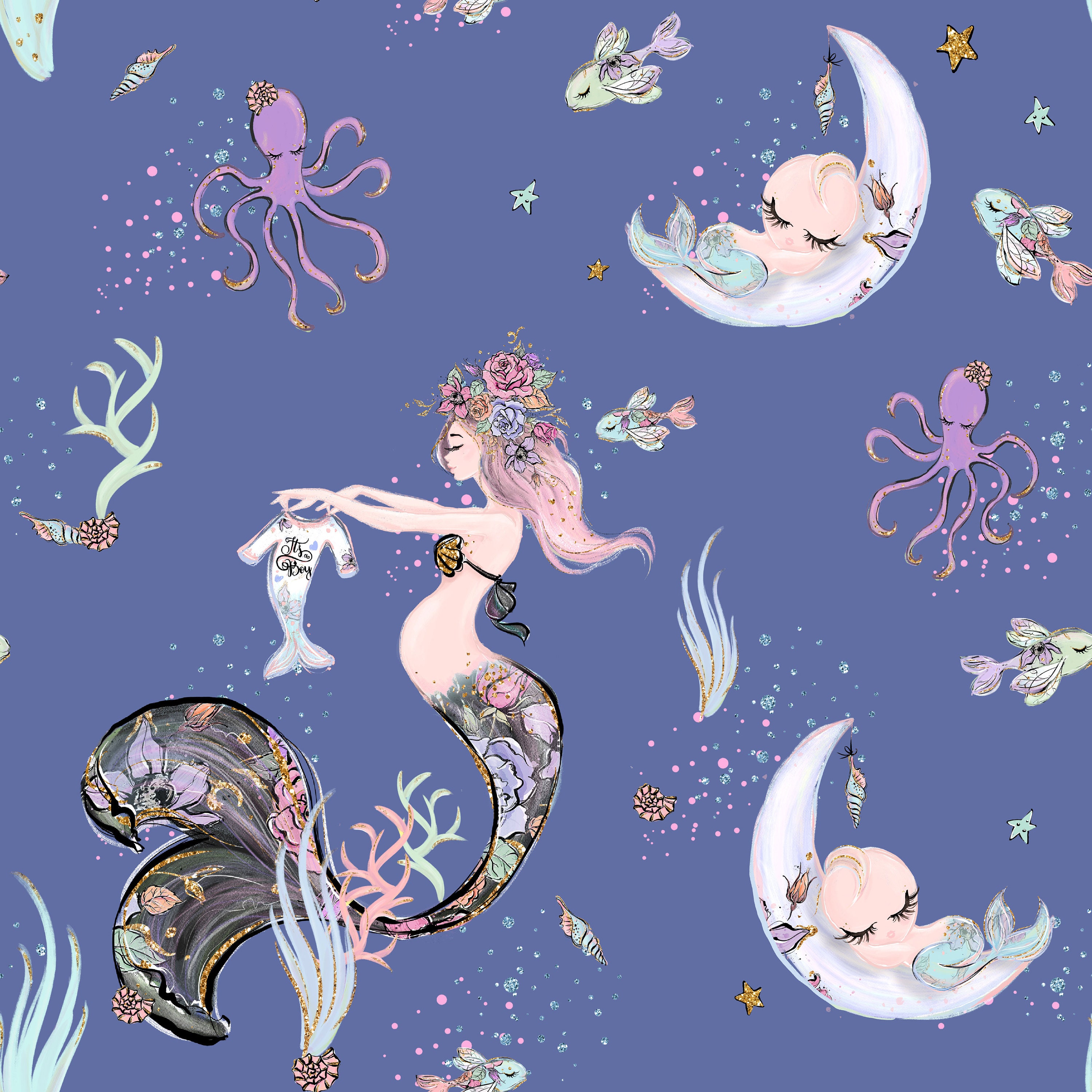 Mermaid Fabric, Mermaid Baby, Knit Fabric, Cotton Fabric, Cotton by the ...