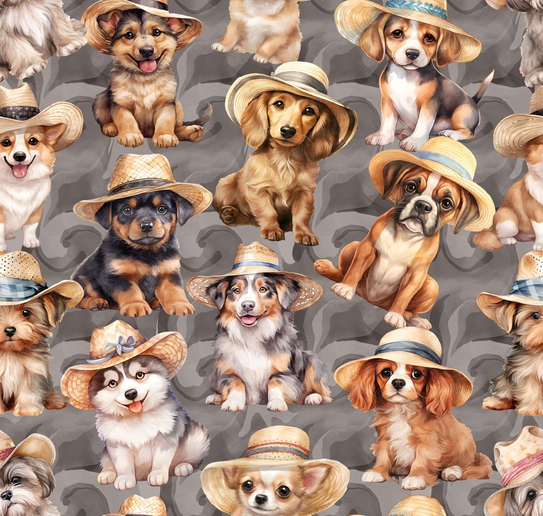 Dog Fabric, Puppy Print, Dogs in Hats, Cute Dog Fabric, Animal Fabric ...