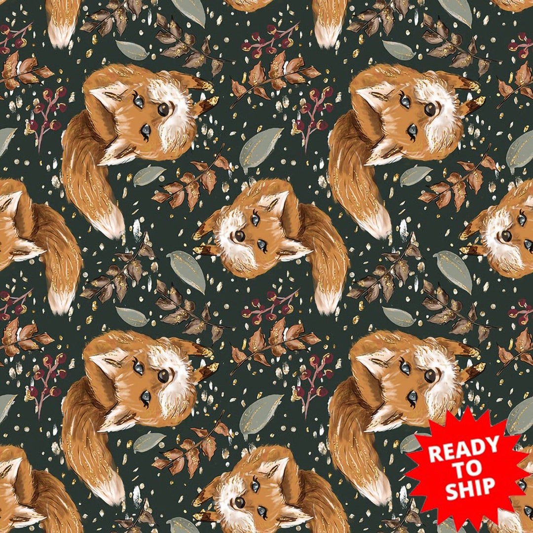 Fox Fabric Leaf Fabric Woodland Fabric Cotton Fabric Cotton Fox Print ...