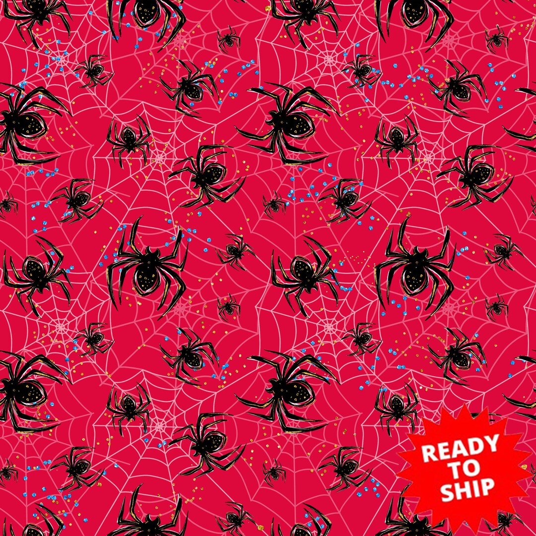 Spider Fabric, Web Fabric, Spiders on Webs, Spiders on Red, Cotton ...