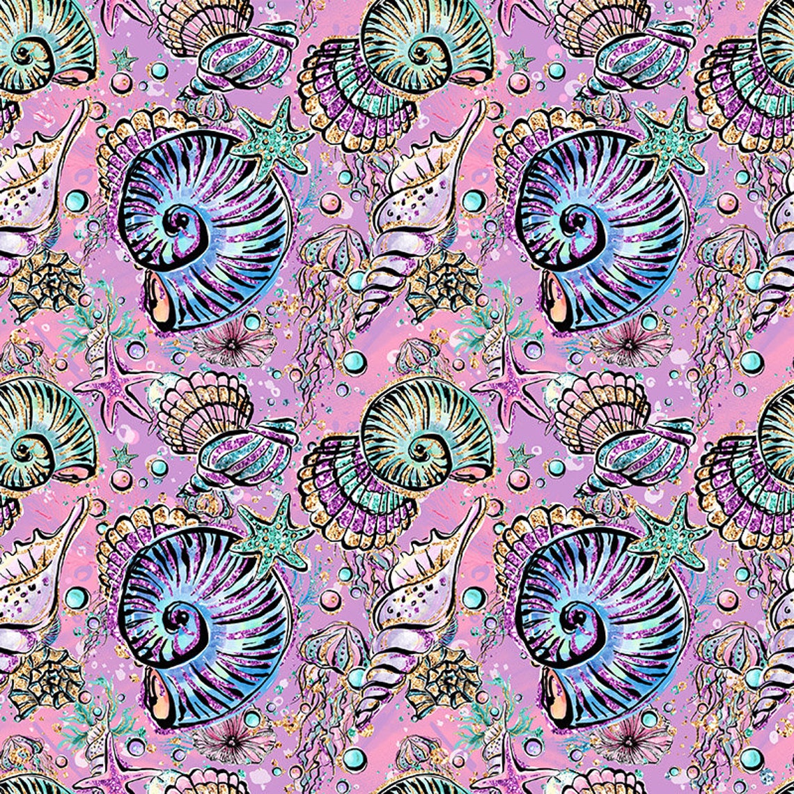 Mermaid Fabric, Ocean Fabric, Shell Fabric, Cotton Fabric, Knit Fabric ...