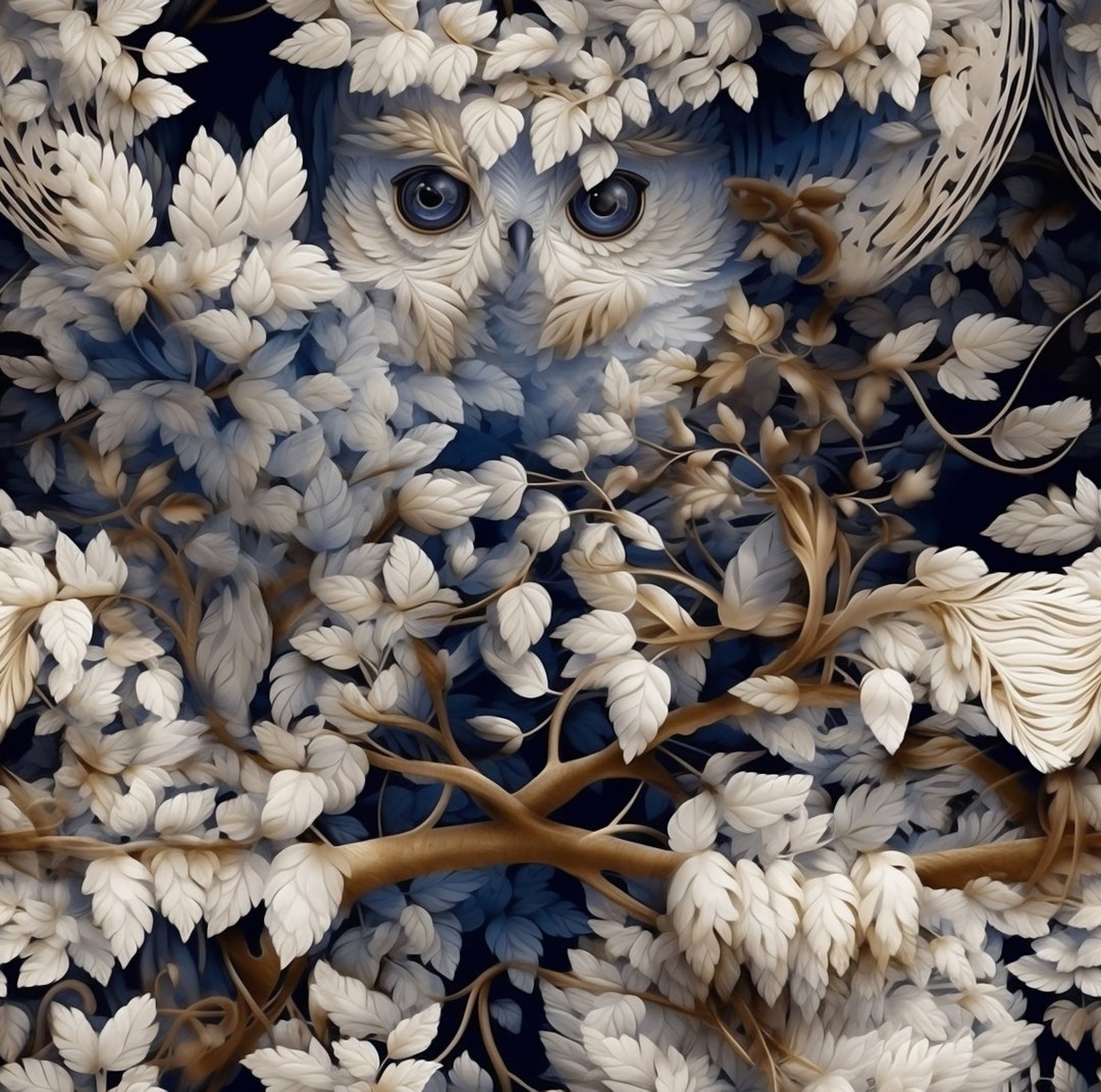 Owl Fabric, Hidden Owl, Hiding Owl, White Owl, Cotton by the Yard ...