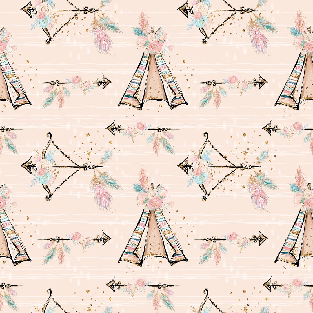 Floral Arrows and Teepee Boho Fabric Feather Fabric Knit Fabric Floral ...