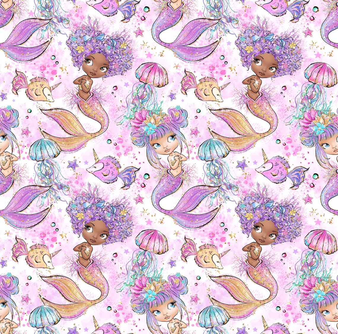 Mermaid Fabric, Mermaid Prints, Knit Fabric, Cotton Fabric, Cotton by ...