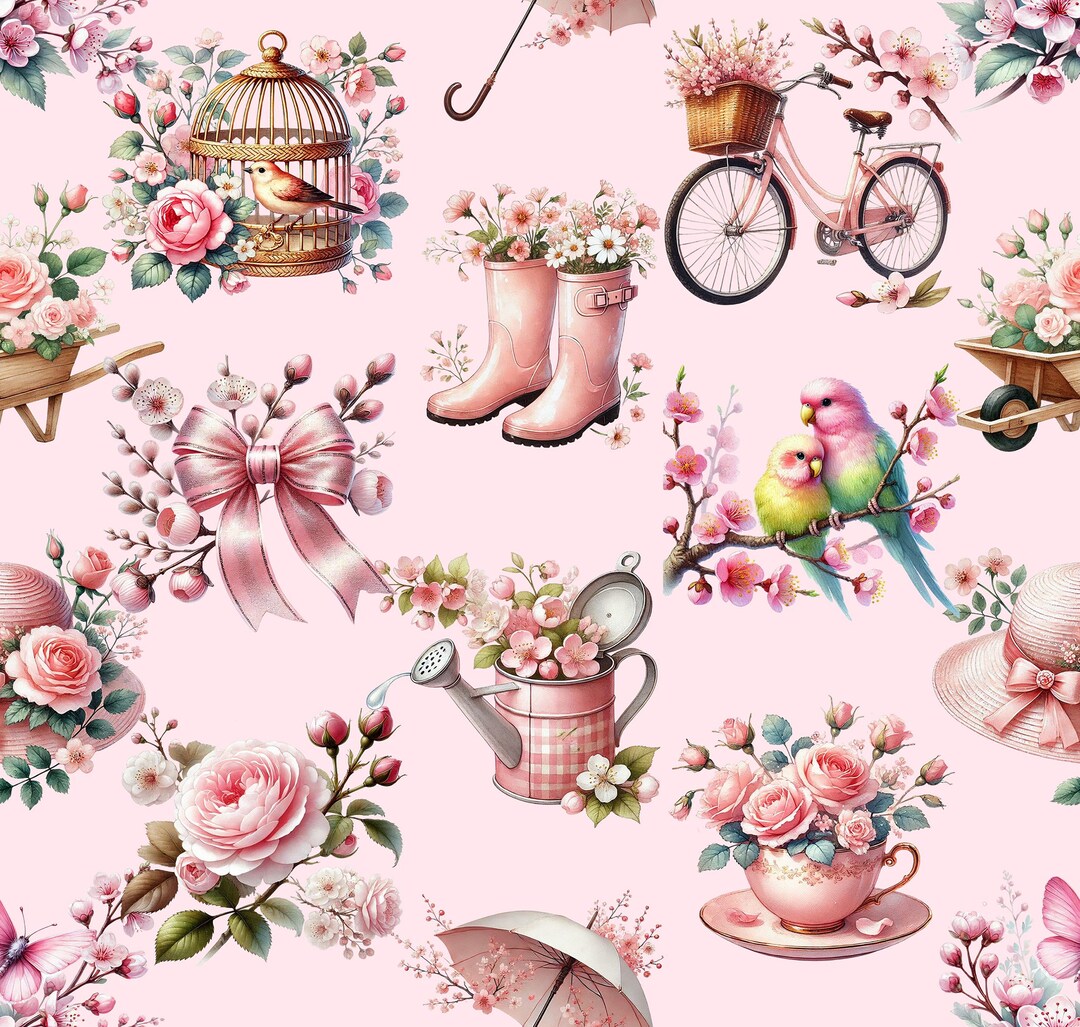 Spring Garden Fabric, Pink Flowers, Birds, Bicycle, Whimsical Design ...