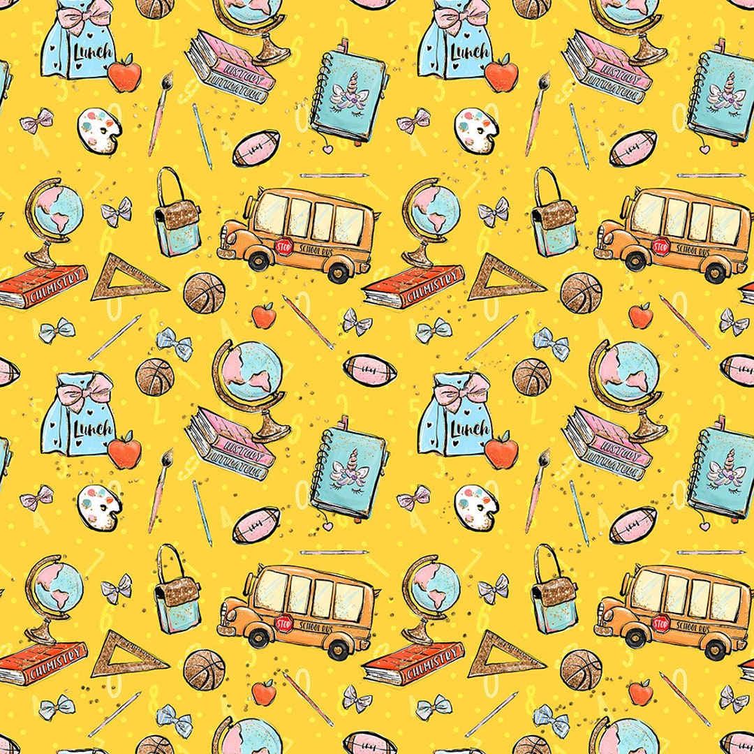 School Fabric, School Bus Fabric, School Supplies Fabric, Cotton Fabric ...