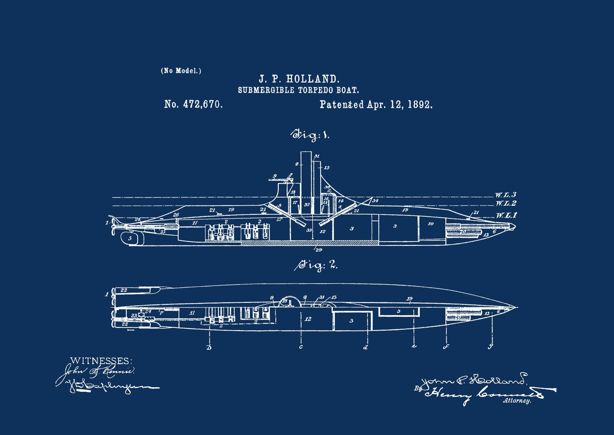 Submarine Patent Blueprint Nautical Vintage Decor 1892 Submersible ...