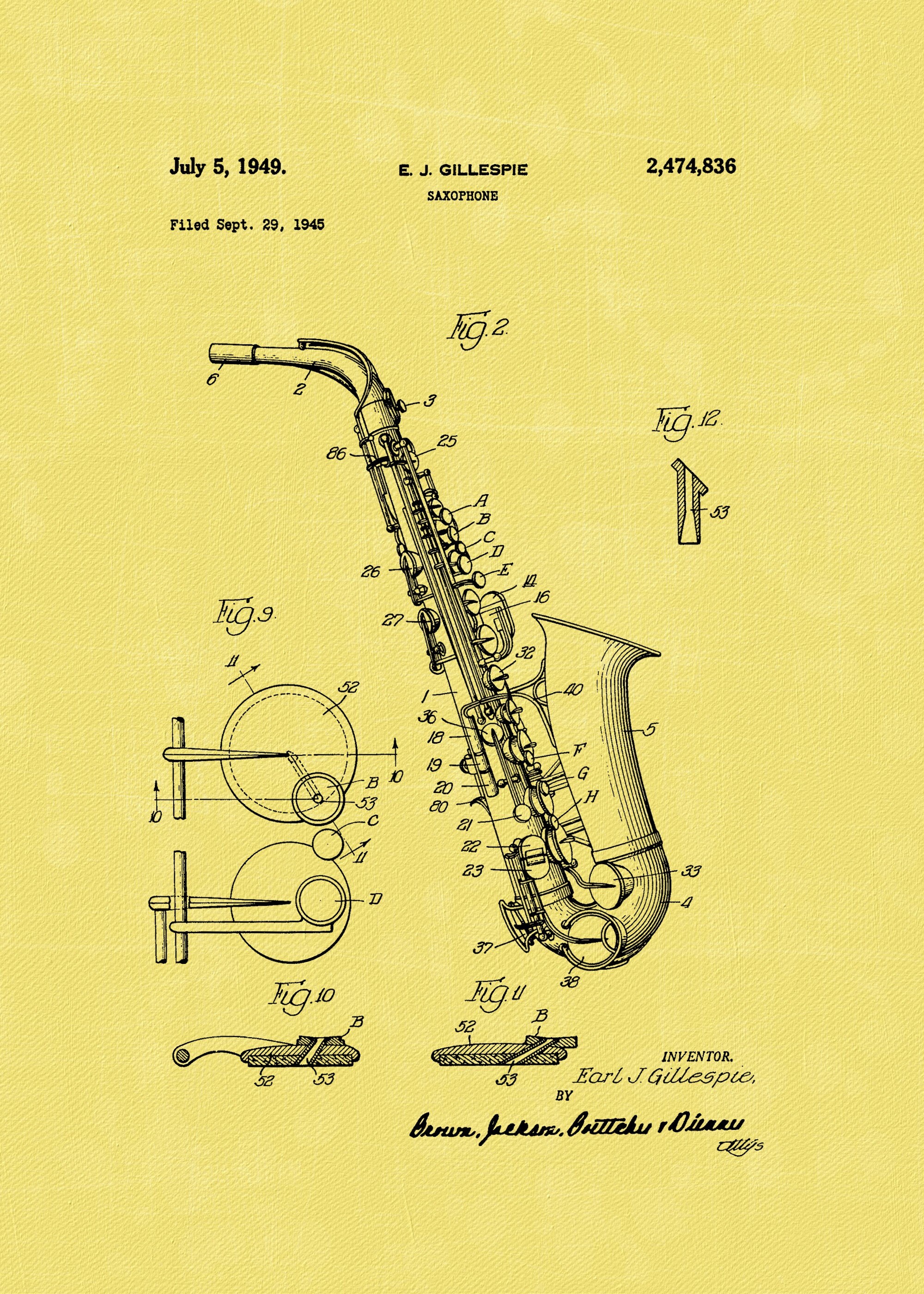 Saxophone Wall Art Patent Print 1949 Sax Blueprint Musical Gift Jazz ...