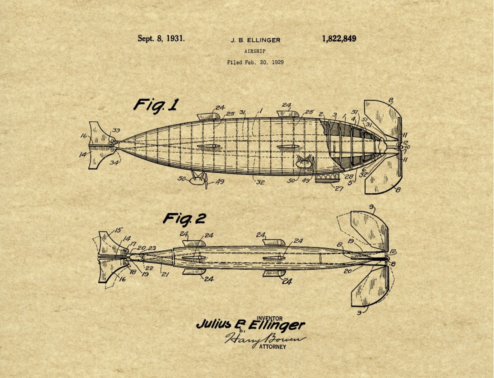 Zeppelin Airship Patent Print Barrage Balloon Blueprint 1931 Dirigible ...