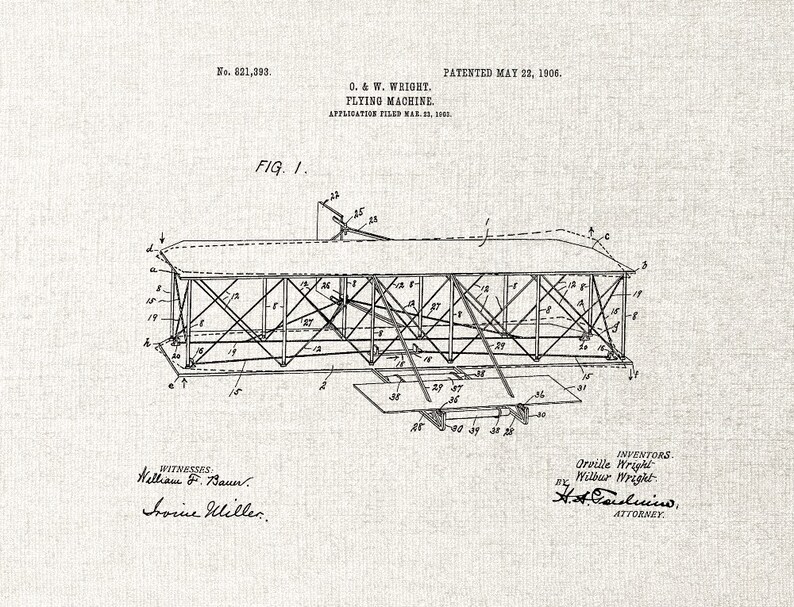 Orville Wilbur Wright Brothers Blueprint Flying Machine Print Airplane ...
