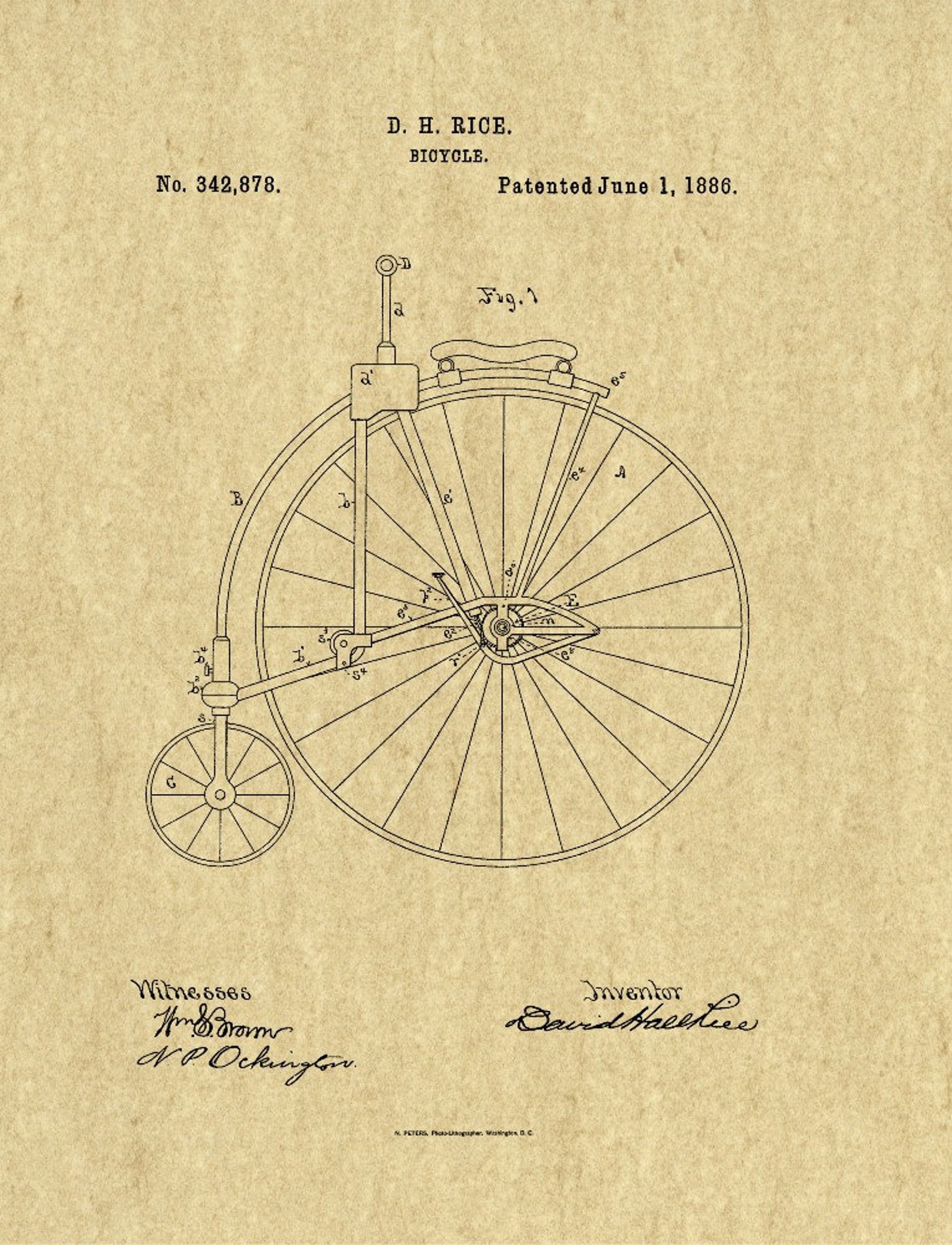 Bicycle Patent Print Bike Illustration Penny Farthing Design Blueprint ...