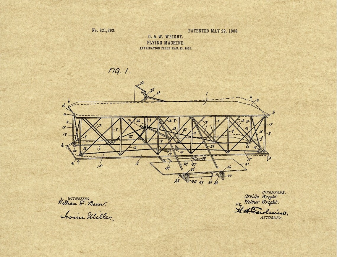 Orville Wilbur Wright Brothers Blueprint Flying Machine Print Airplane ...