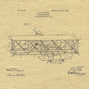 Orville Wilbur Wright Brothers Blueprint Flying Machine Print Airplane ...
