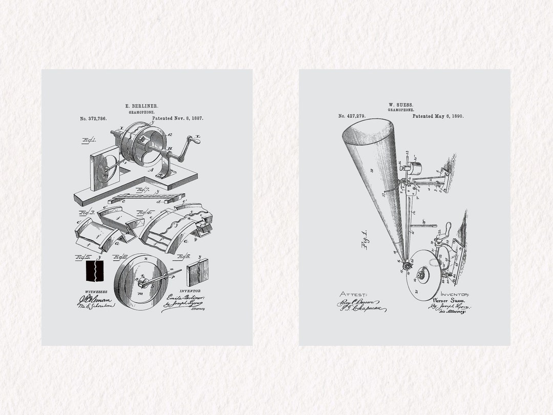 Gramophone Set of 2 Patent Prints | 1887 Record Player Blueprints ...