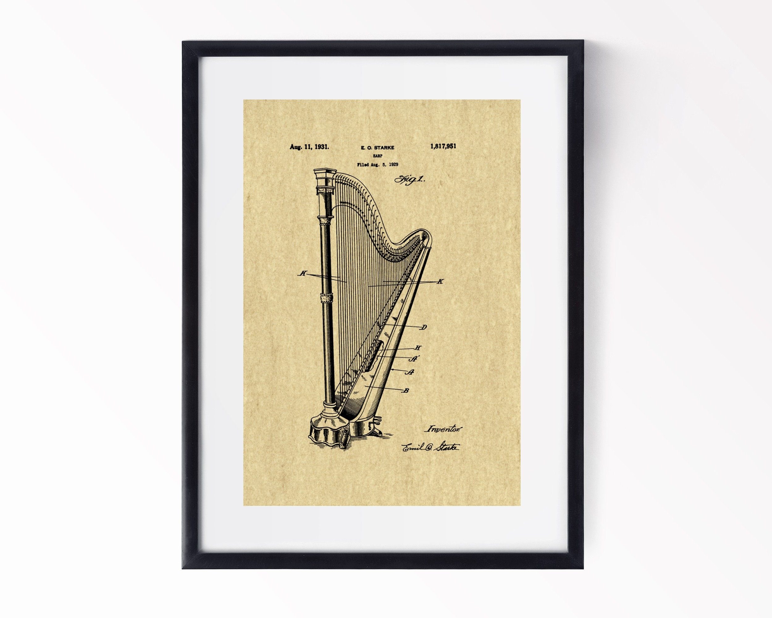 Harp Patent Print 1931 Harpist Gift Musical Instrument Blueprint ...