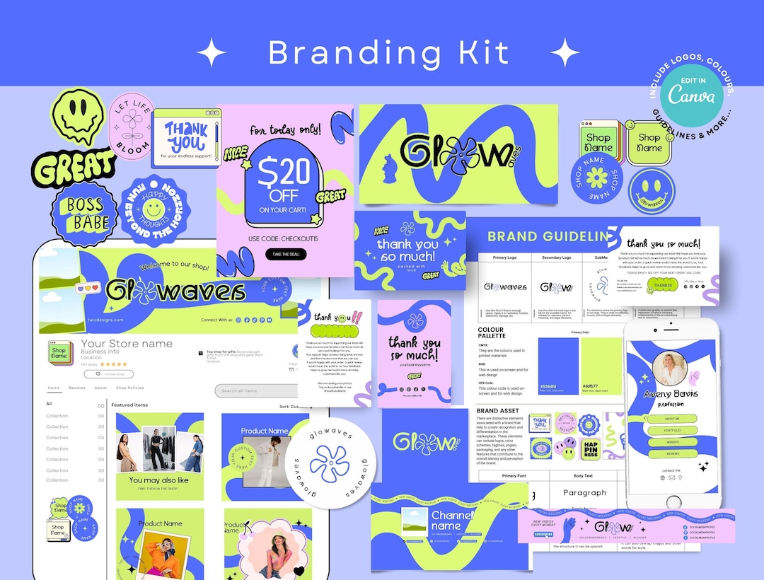 Editable Branding Kit Canva Templates: Blue Green Theme - Etsy
