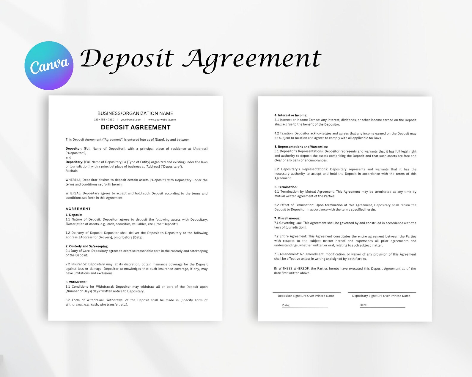 Deposit Agreement Form, Printable Form, Editable Contract Template ...