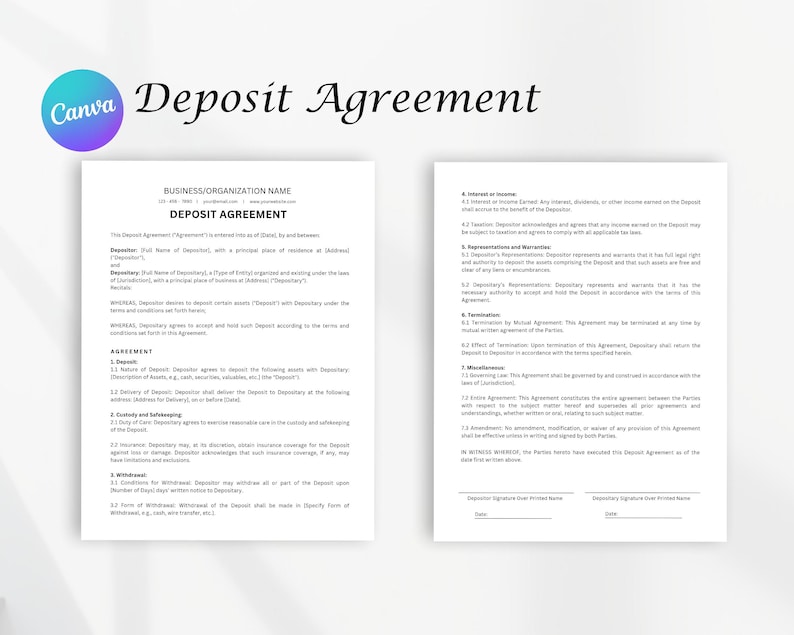 Deposit Agreement Form, Printable Form, Editable Contract Template ...