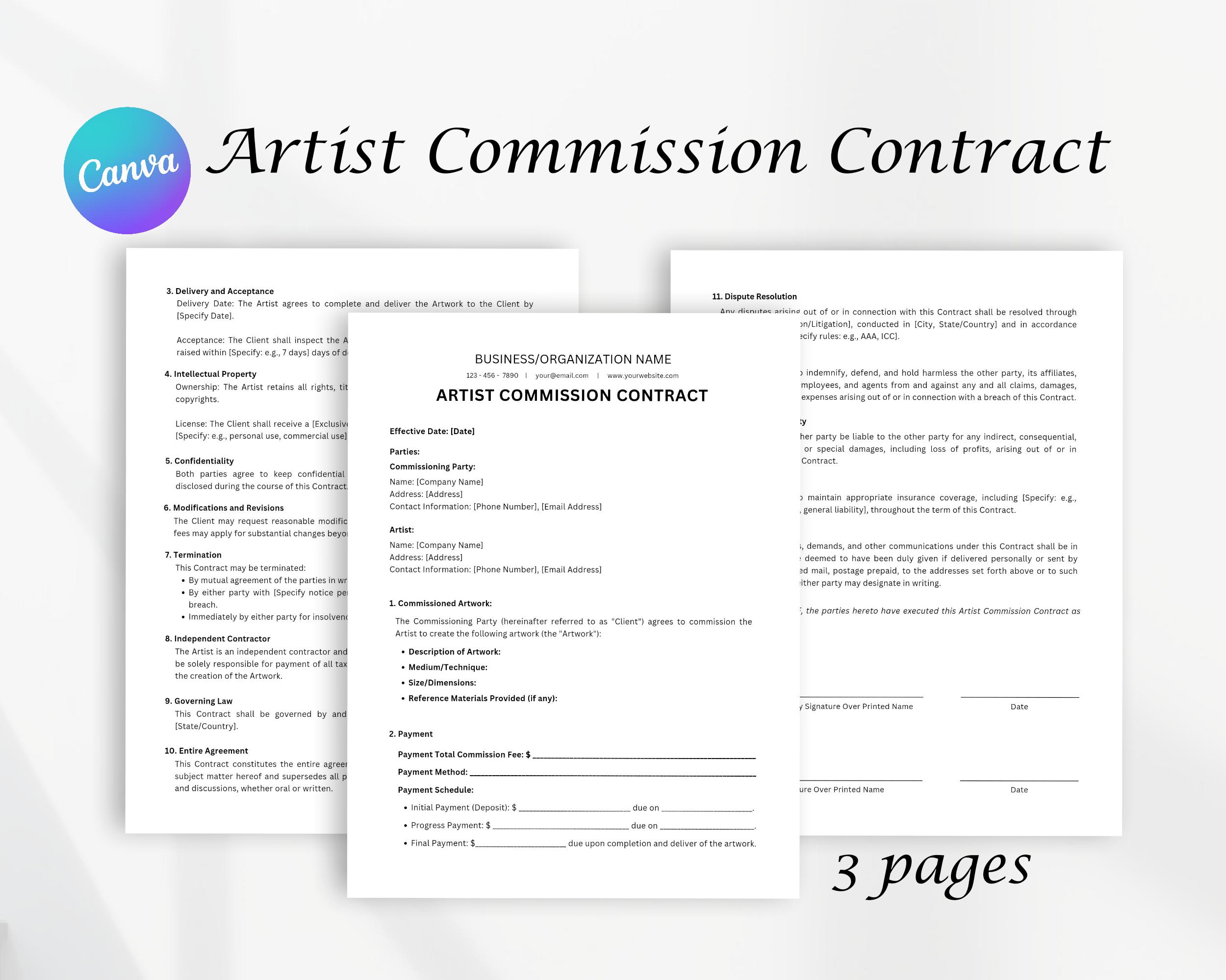 Artist Commission Contract Printable, Contract Form, Editable Contract ...