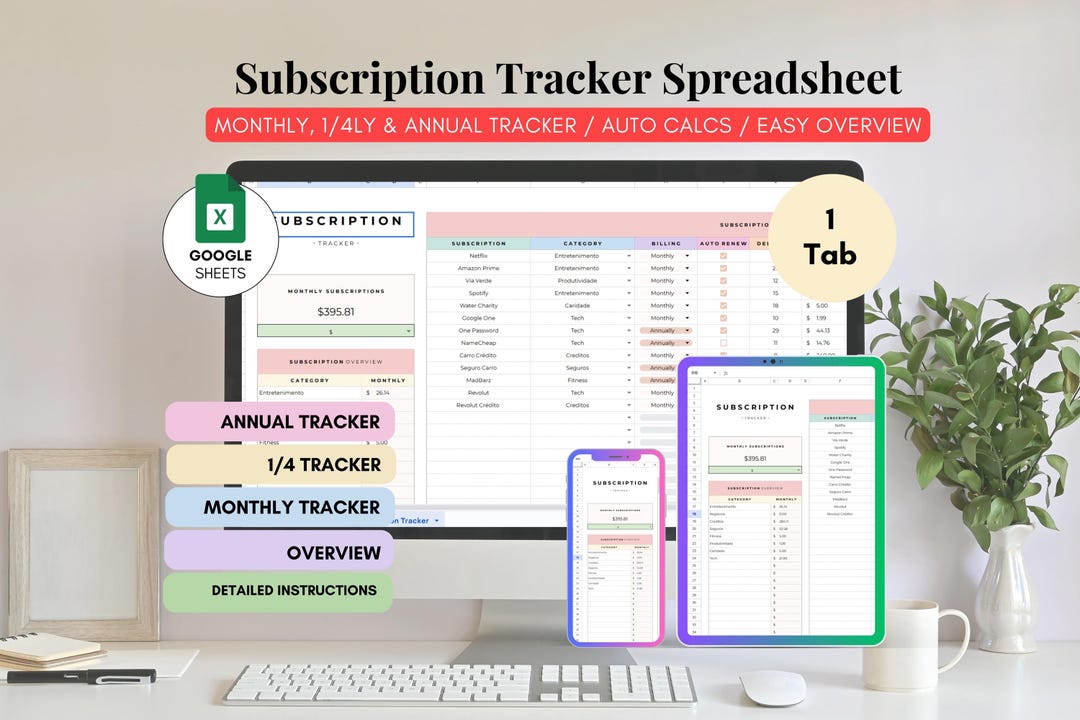 Subscription Tracker Spreadsheet, Membership Checklist, Monthly ...