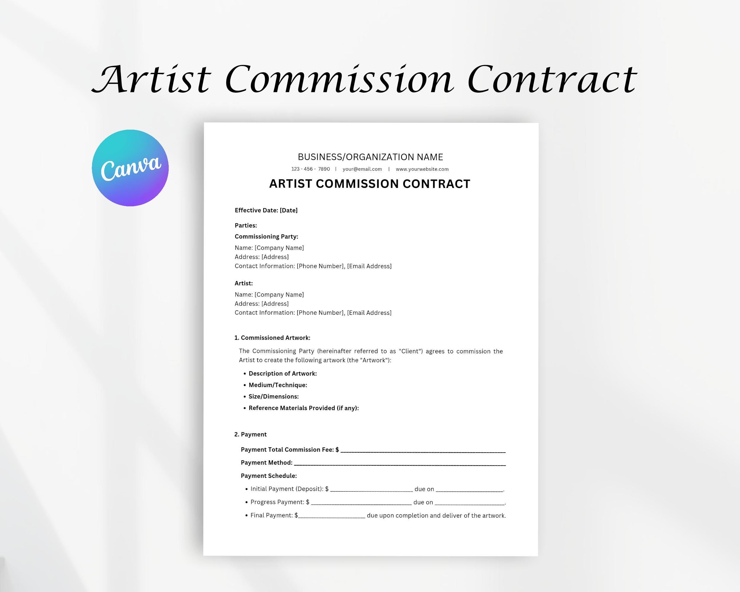 Artist Commission Contract Printable, Contract Form, Editable Contract ...