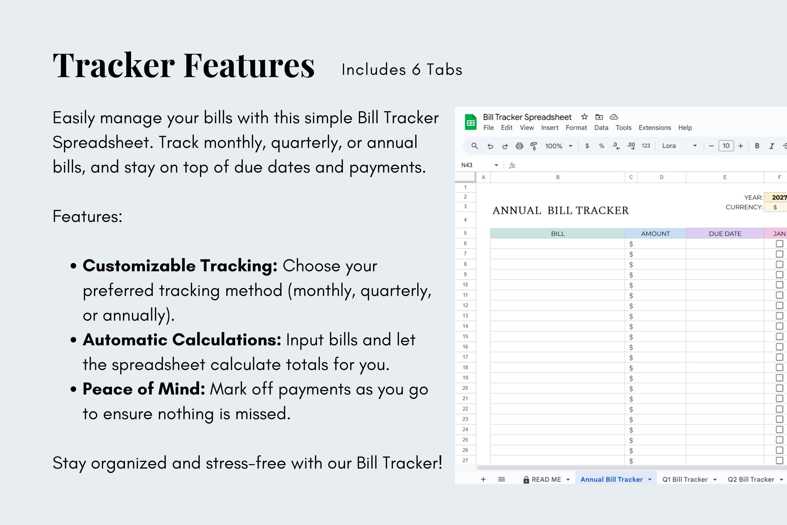 Bill Tracker Spreadsheet Template, Monthly Bill Planner Bill Payment ...