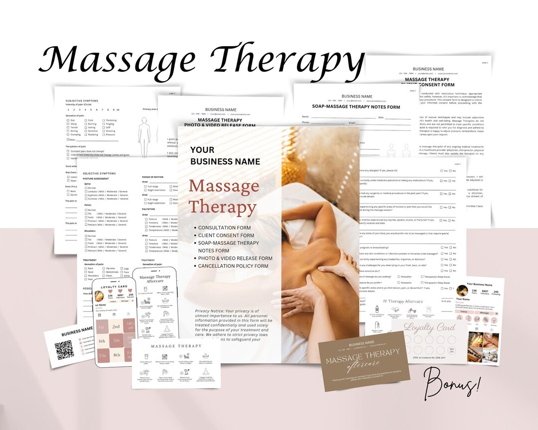 Massage Therapy Consultation Form, Client Consent Form, Loyalty Card, Business Card, Editable ...