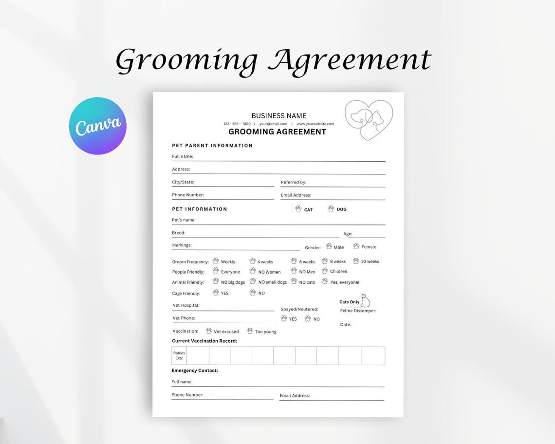 Grooming Agreement Form, Printable Form, Dog and Cat Grooming Agreement ...