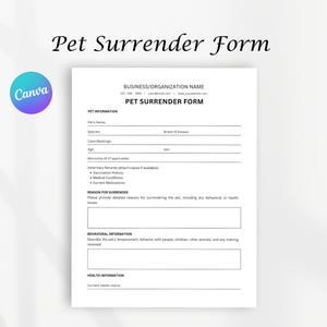 Pet Surrender Form, Printable Form, Editable Form Template, Editable ...