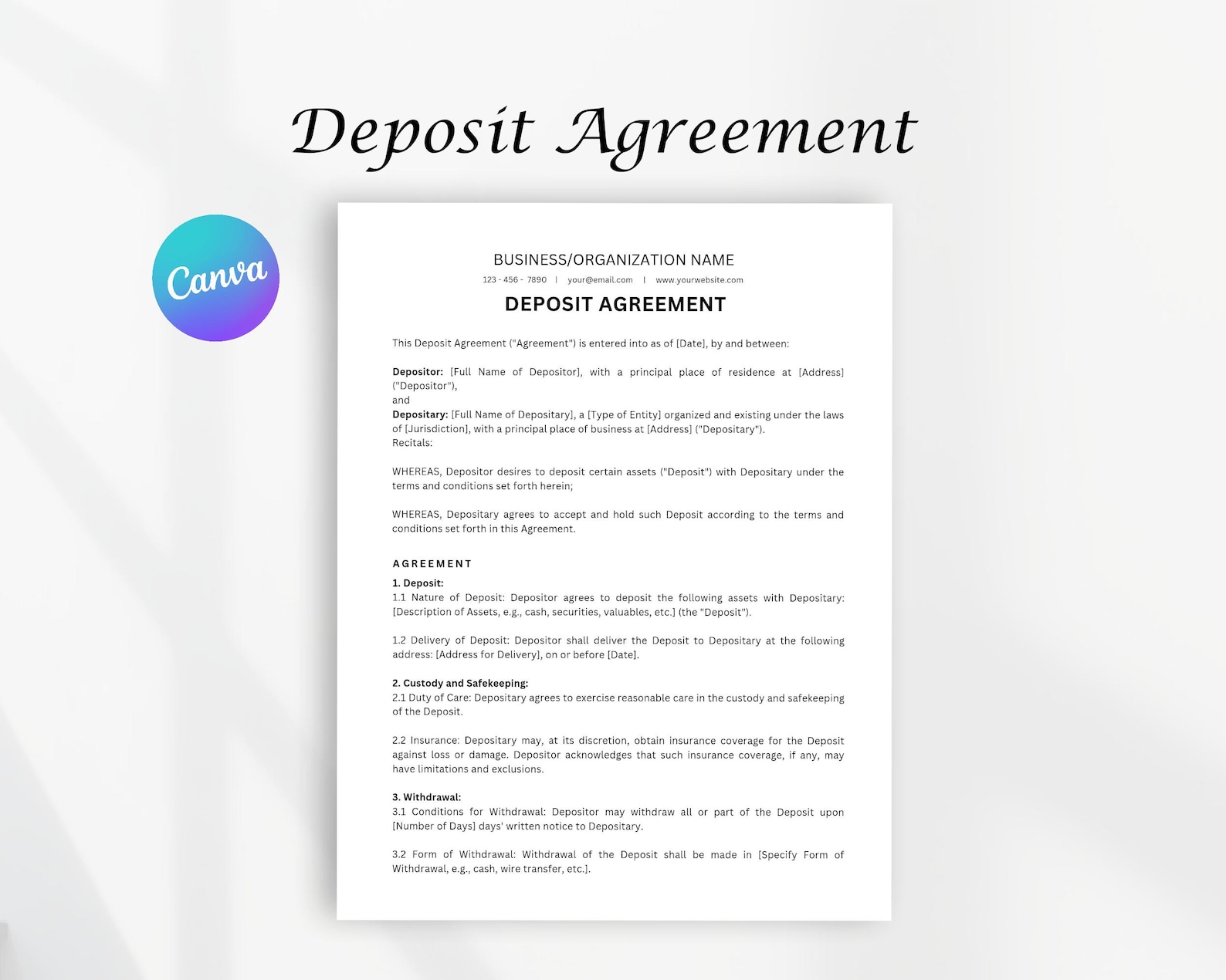 Deposit Agreement Form, Printable Form, Editable Contract Template ...
