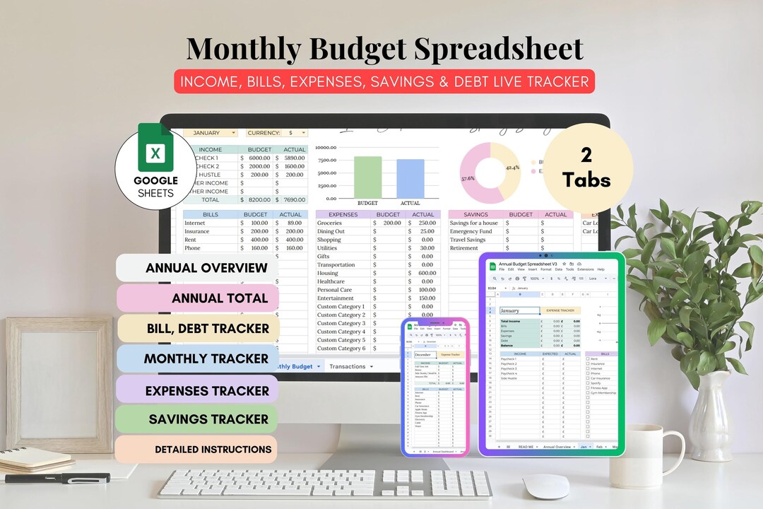 Monthly Budget Spreadsheet Template, Debt Tracker, Saving Tracker ...