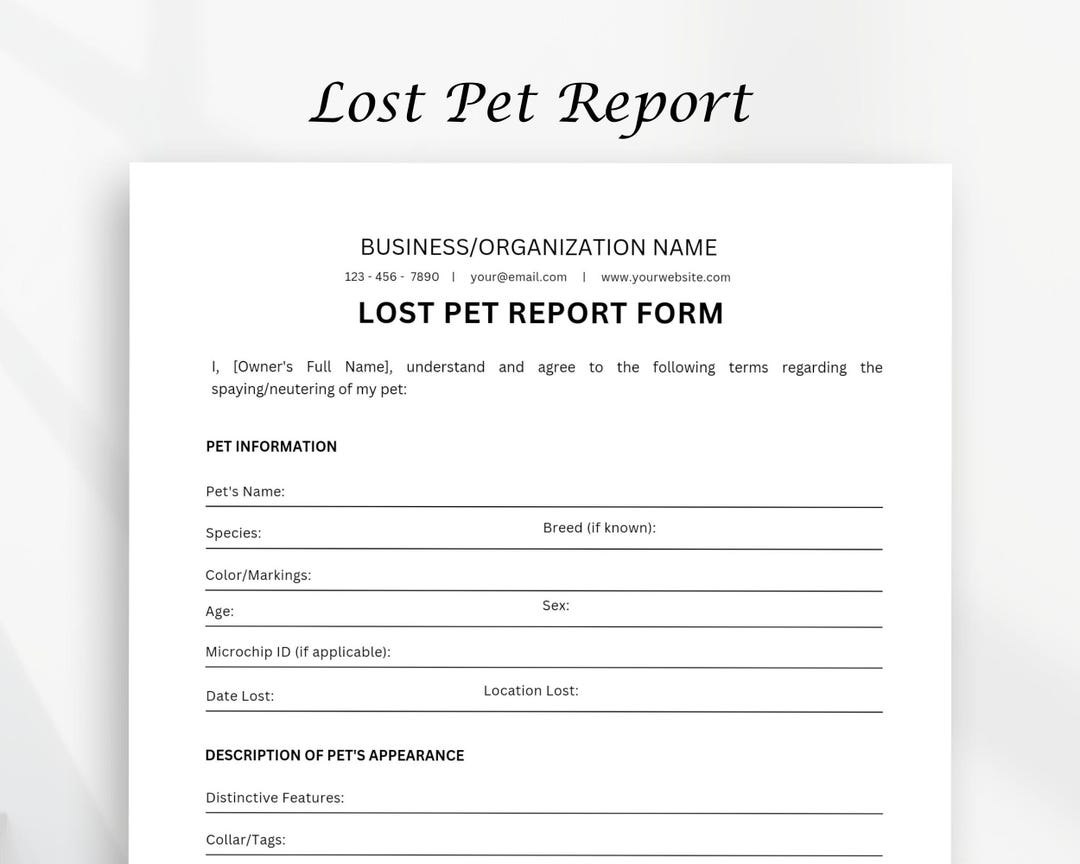 Lost Pet Report Form, Printable Form, Editable Form Template, Editable ...